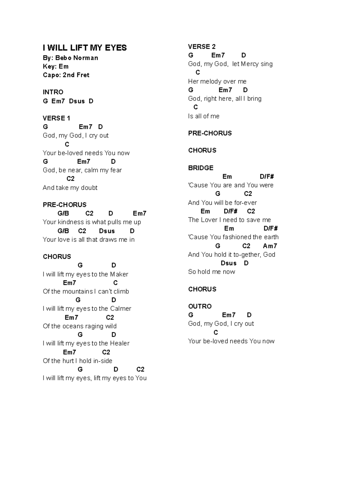 I WILL LIFT MY EYES: Bebo Norman - Song Lyrics & Chords - Studocu