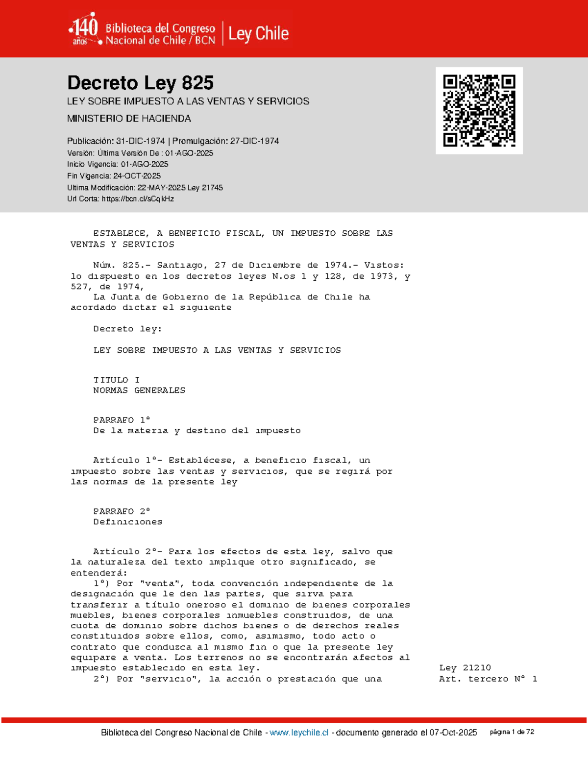 Decreto Ley 825 sobre Impuesto a las Ventas y Servicios - 1974 - Studocu