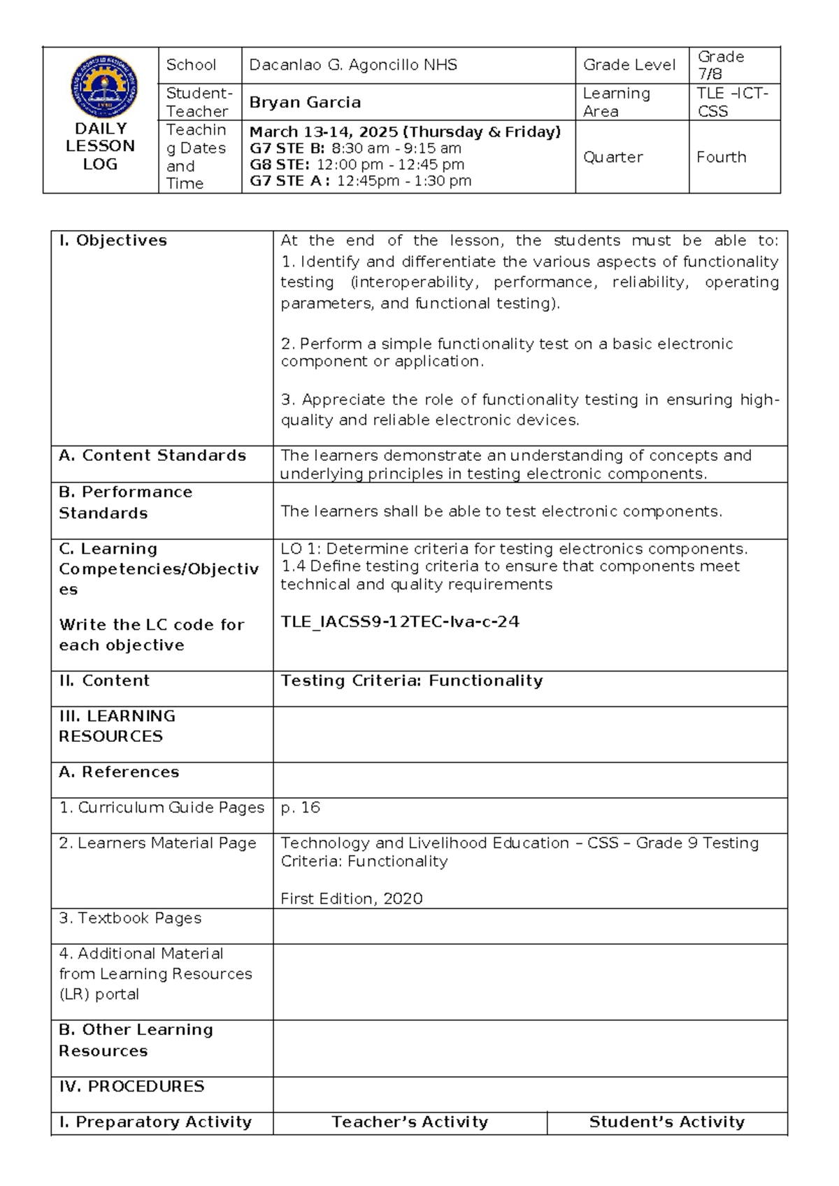Functionality Testing Daily Lesson Log (DLL) for TLE G7 & G8 - Studocu