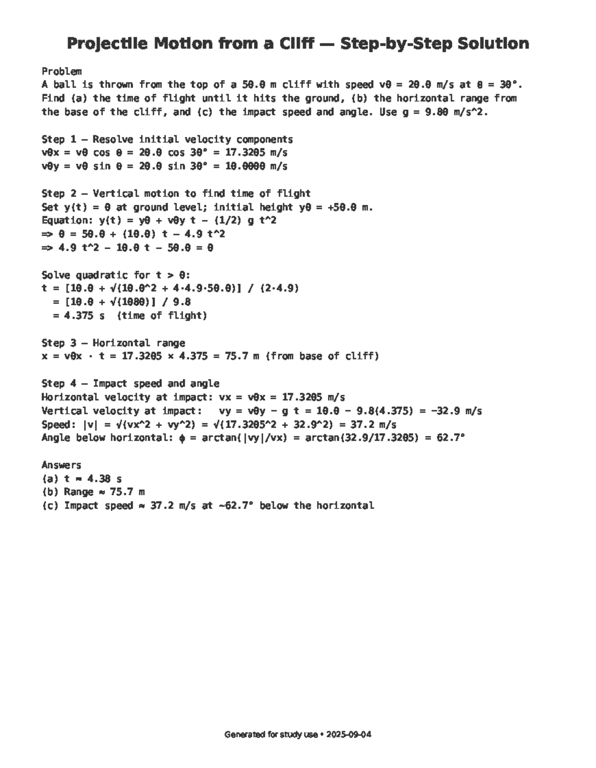 Physics Problem 1: Projectile Motion from a 50m Cliff Solution - Studocu