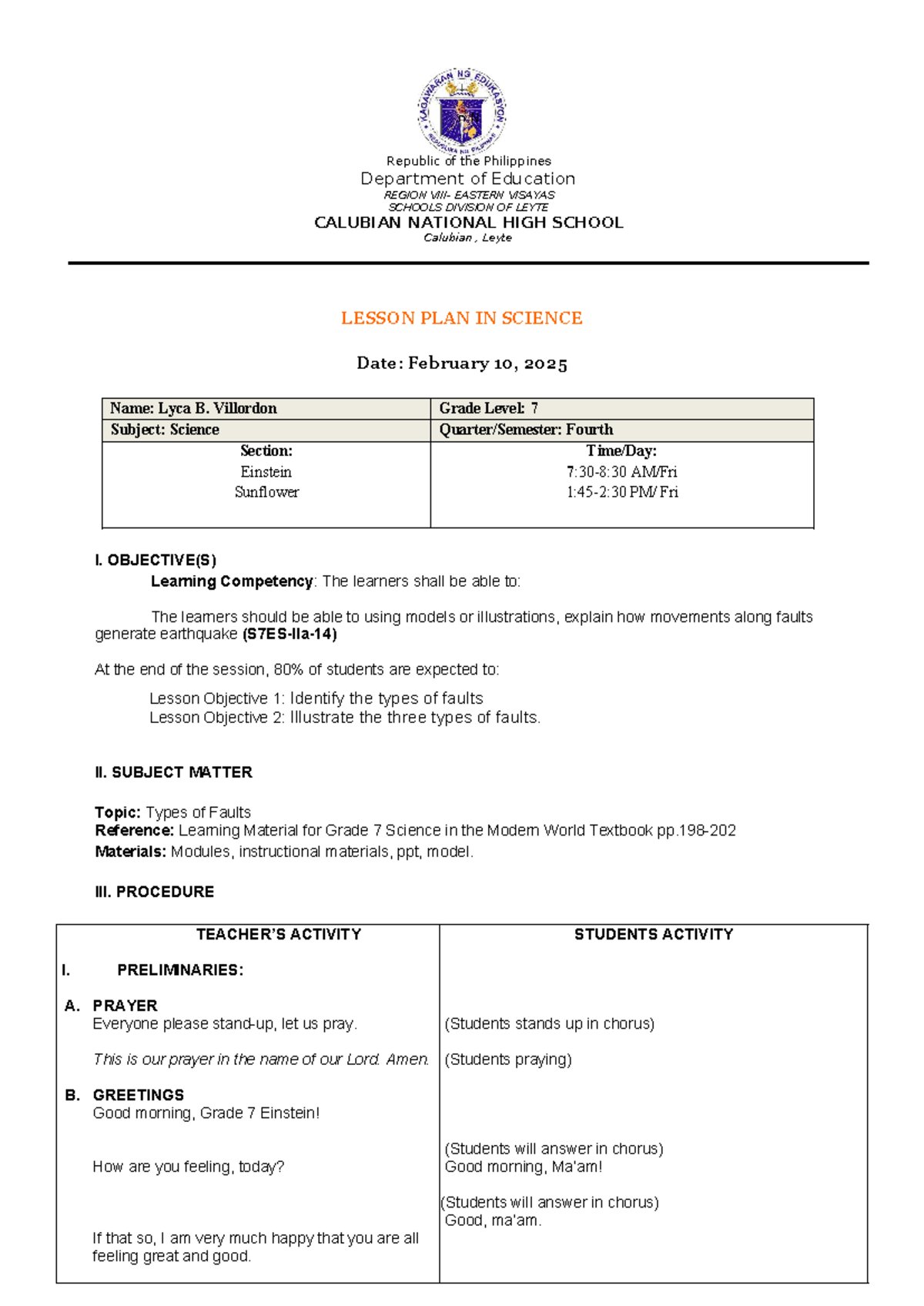 DLP F: Lesson Plan on Types of Faults for Grade 7 Science - Studocu