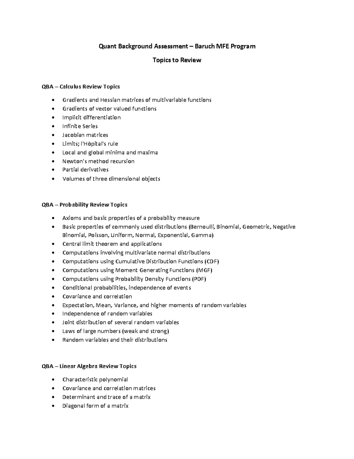QBA Review Topics - Key Concepts for Quant Background Assessment - Studocu