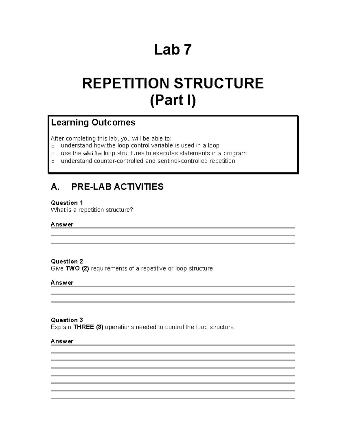 Lab 8: Repetition Structure (Part II) - Do..While and For Loops - Studocu