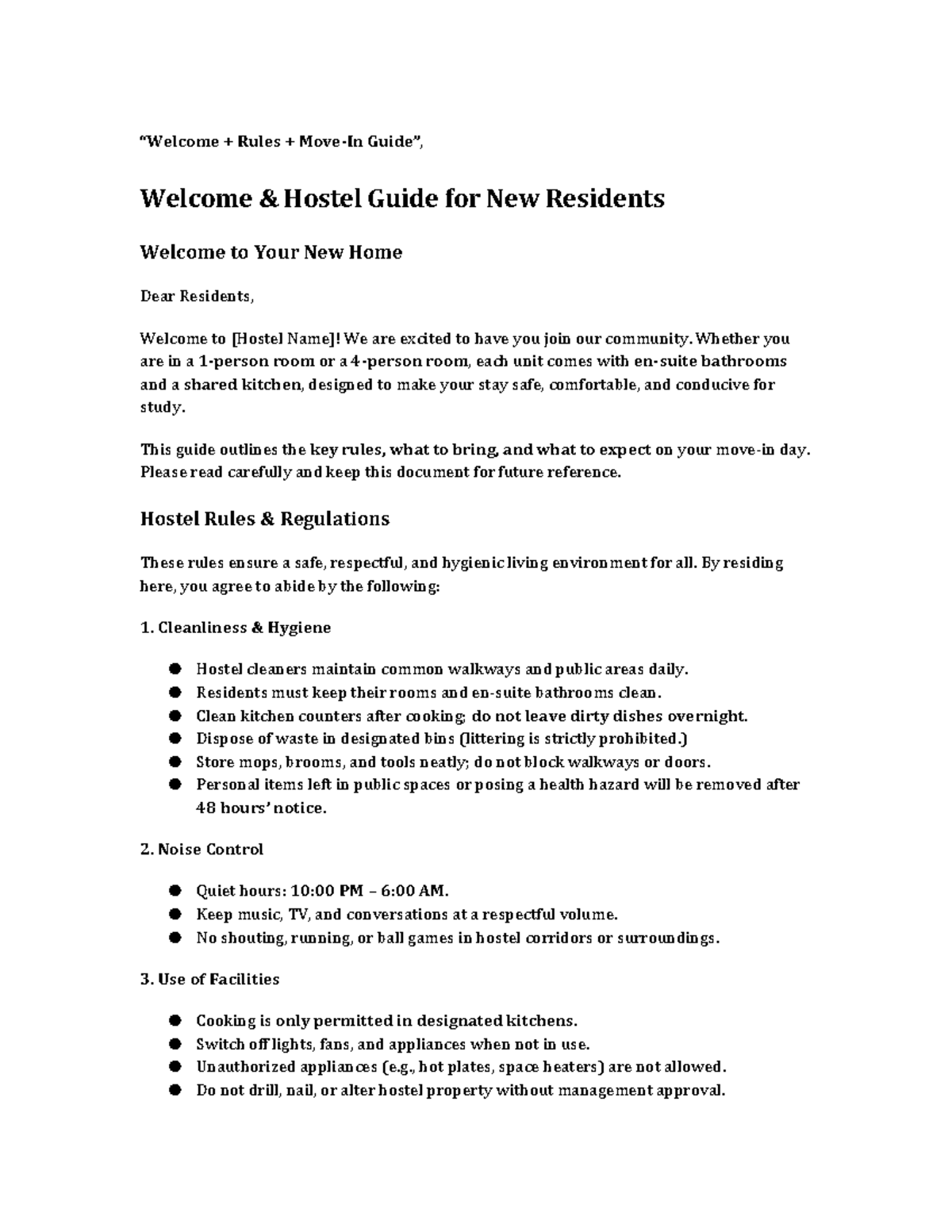 Hostel Rules & Regulations Guide for New Residents - Studocu