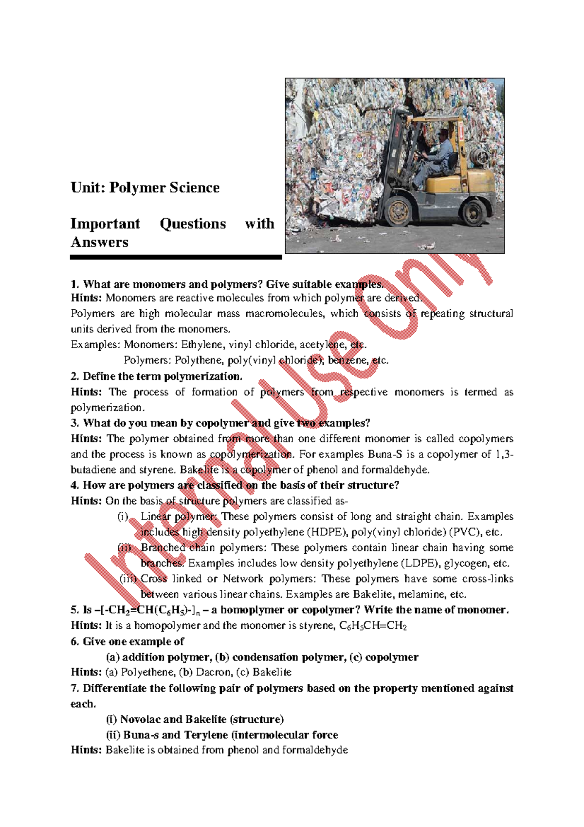Polymer-Science - Polymers - Unit: Polymer Science Important Questions ...