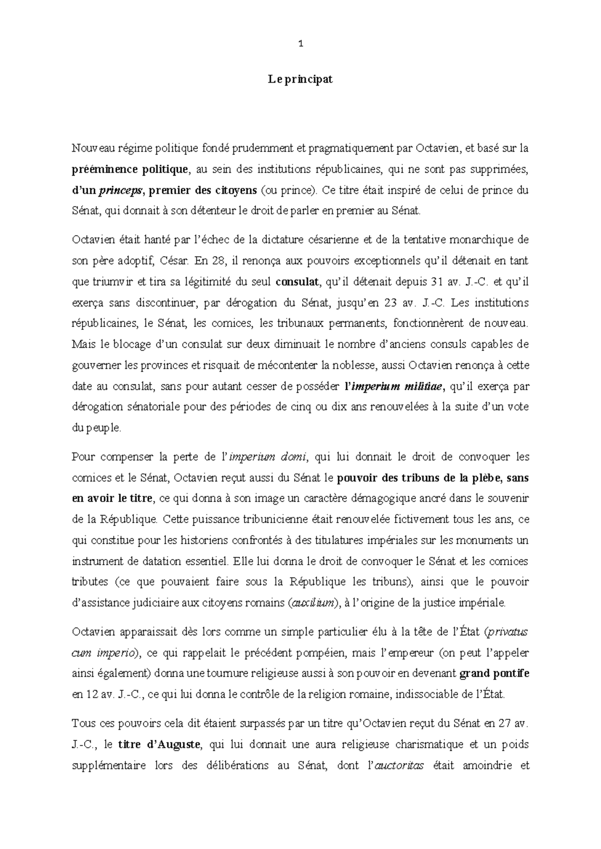 Le Principat d'Auguste : Émergence et Impacts Politiques (HIST101) - Le ...
