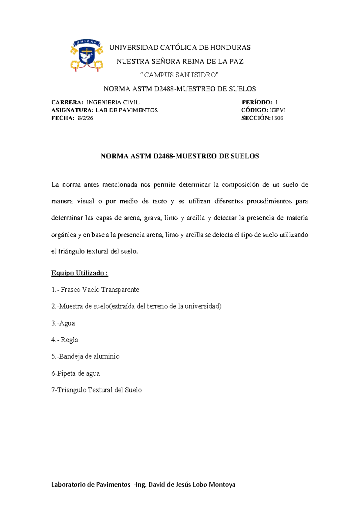 Norma ASTM D2488: Muestreo de Suelos en Lab de Pavimentos IGPVI - Studocu
