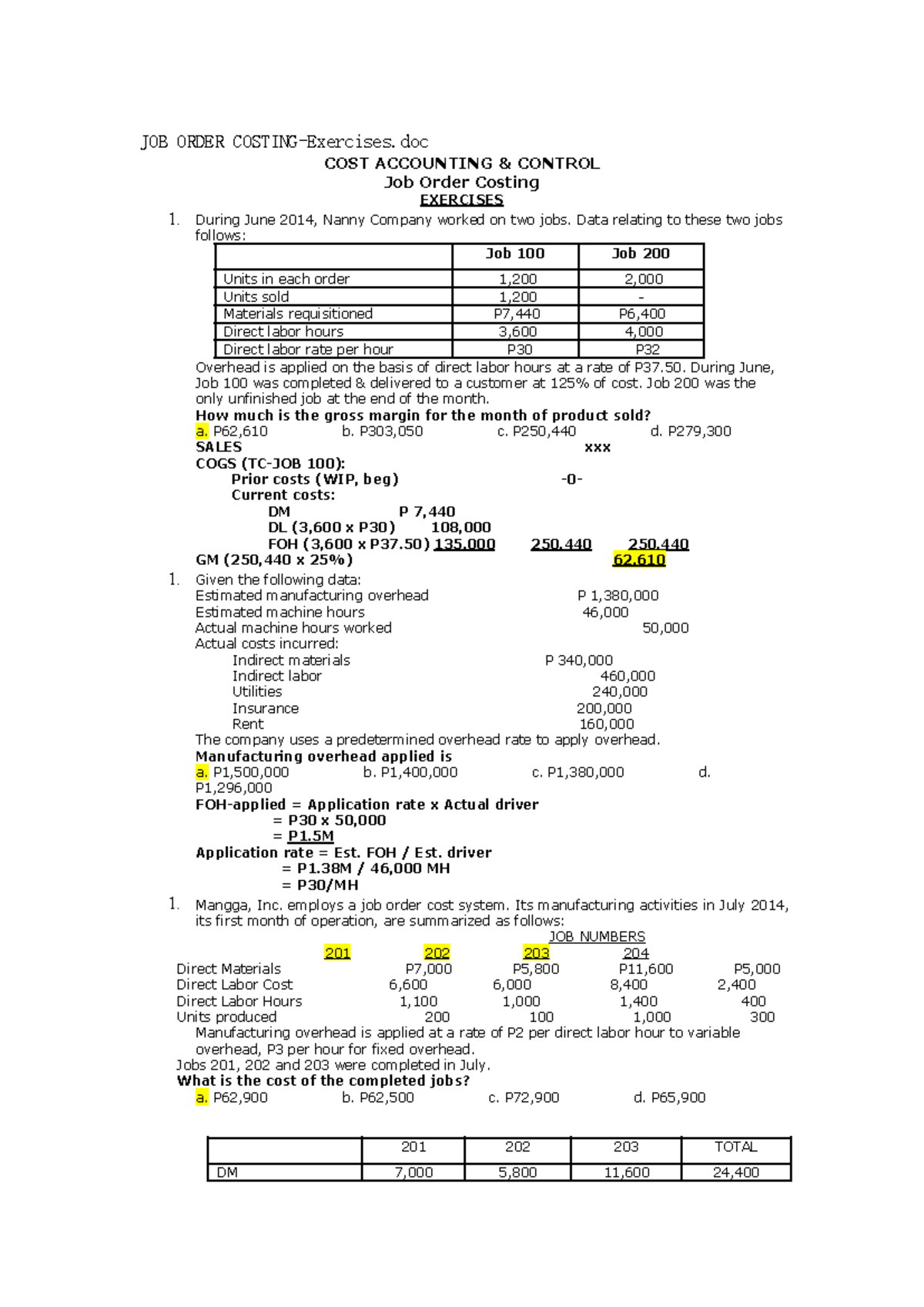 JOB Order Costing Exercises - JOB ORDER COSTING-Exercises COST ...