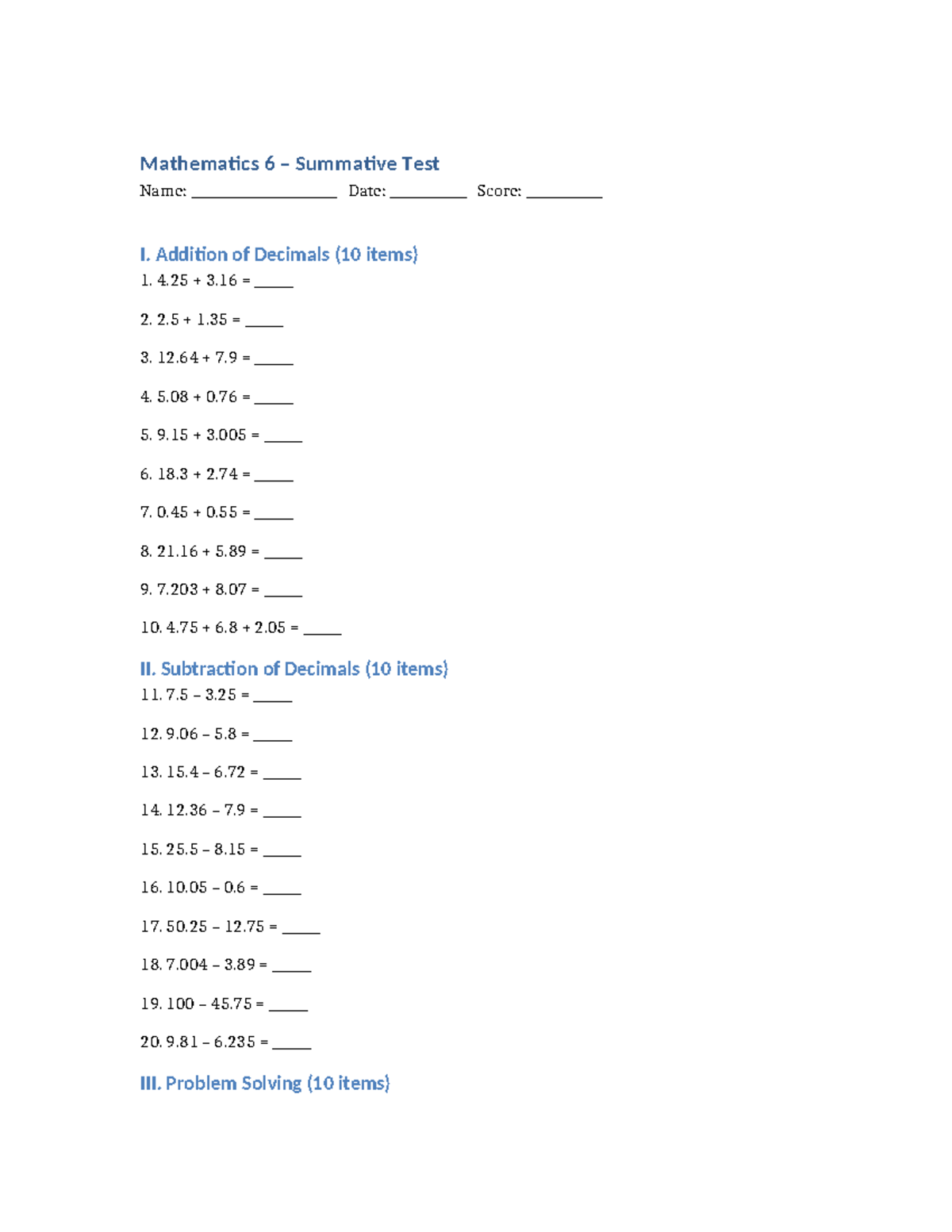 Math 6 Summative Test: Addition & Subtraction of Decimals - Studocu