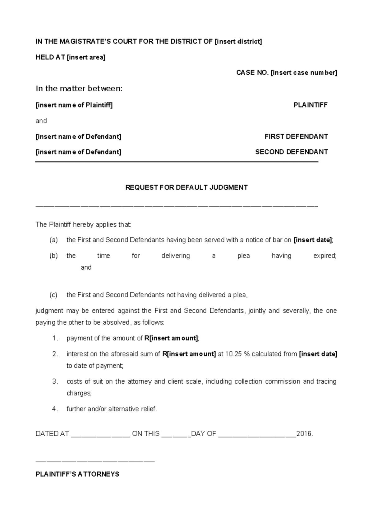 Request for Default Judgment per Rule 31 - High Court Application - Studocu