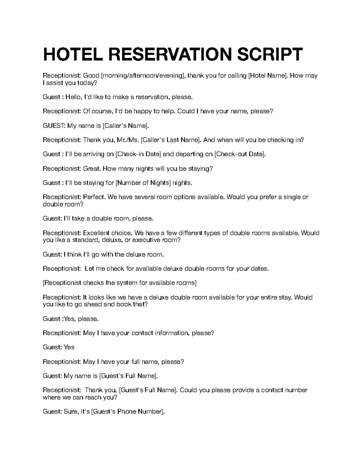 Hotel Reservation Script 2: Receptionist & Guest Interaction - Studocu