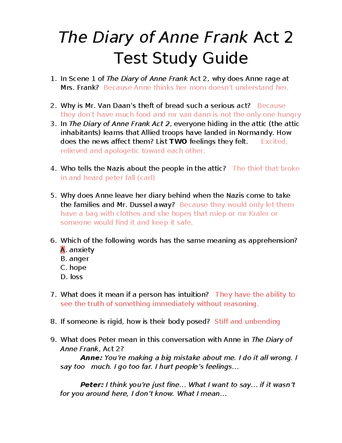 Ashley Ward - The Diary of Anne Frank Act 2 Test Study Guide - Studocu