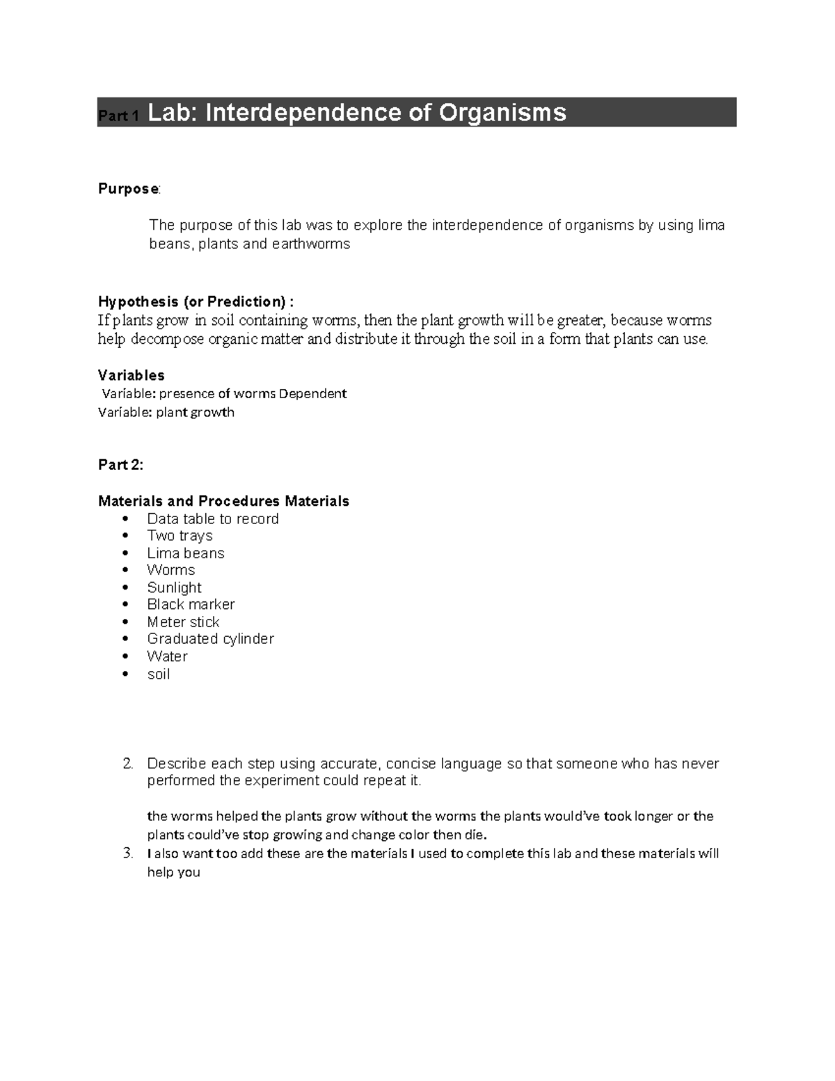 Lab Interdependence of Organisms 1 - Part 1 Lab: Interdependence of ...