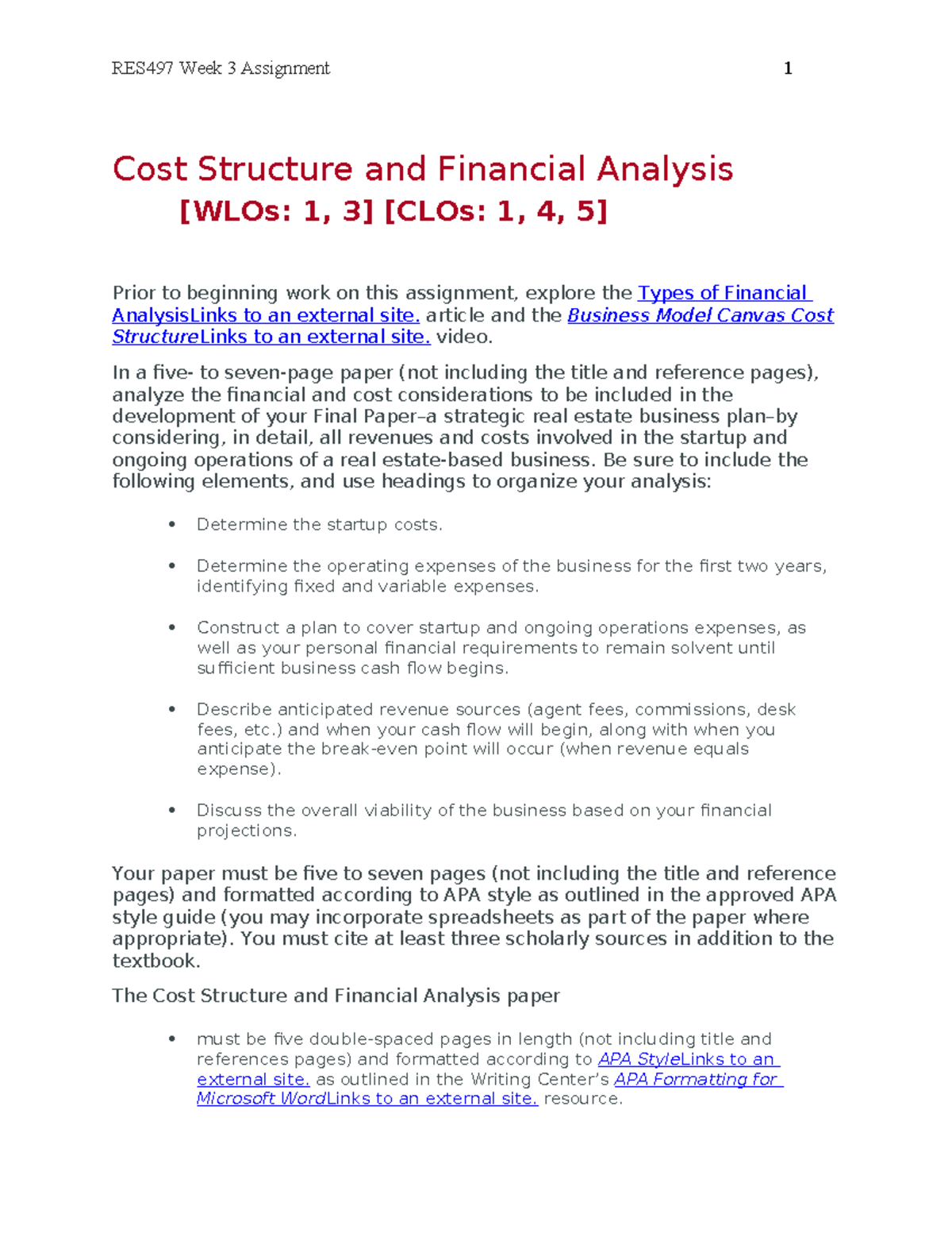 RES497 Week 3 Assignment: Cost Structure & Financial Analysis for Real ...