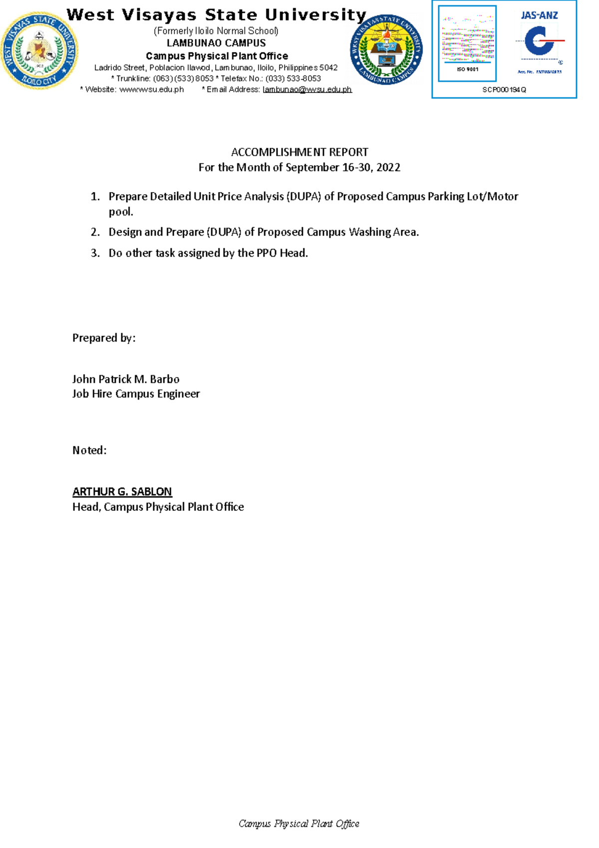 Accomplishment Report September 2022 - (Formerly Iloilo Normal School ...