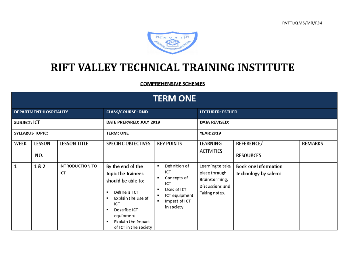 RVTTI/DND/ICT Term One & Two Comprehensive Schemes and Objectives - Studocu