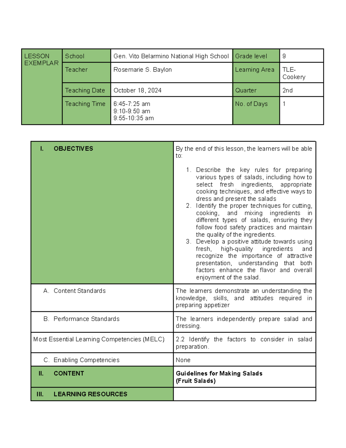 DLP- IDEA format - LESSON EXEMPLAR School Gen. Vito Belarmino National ...
