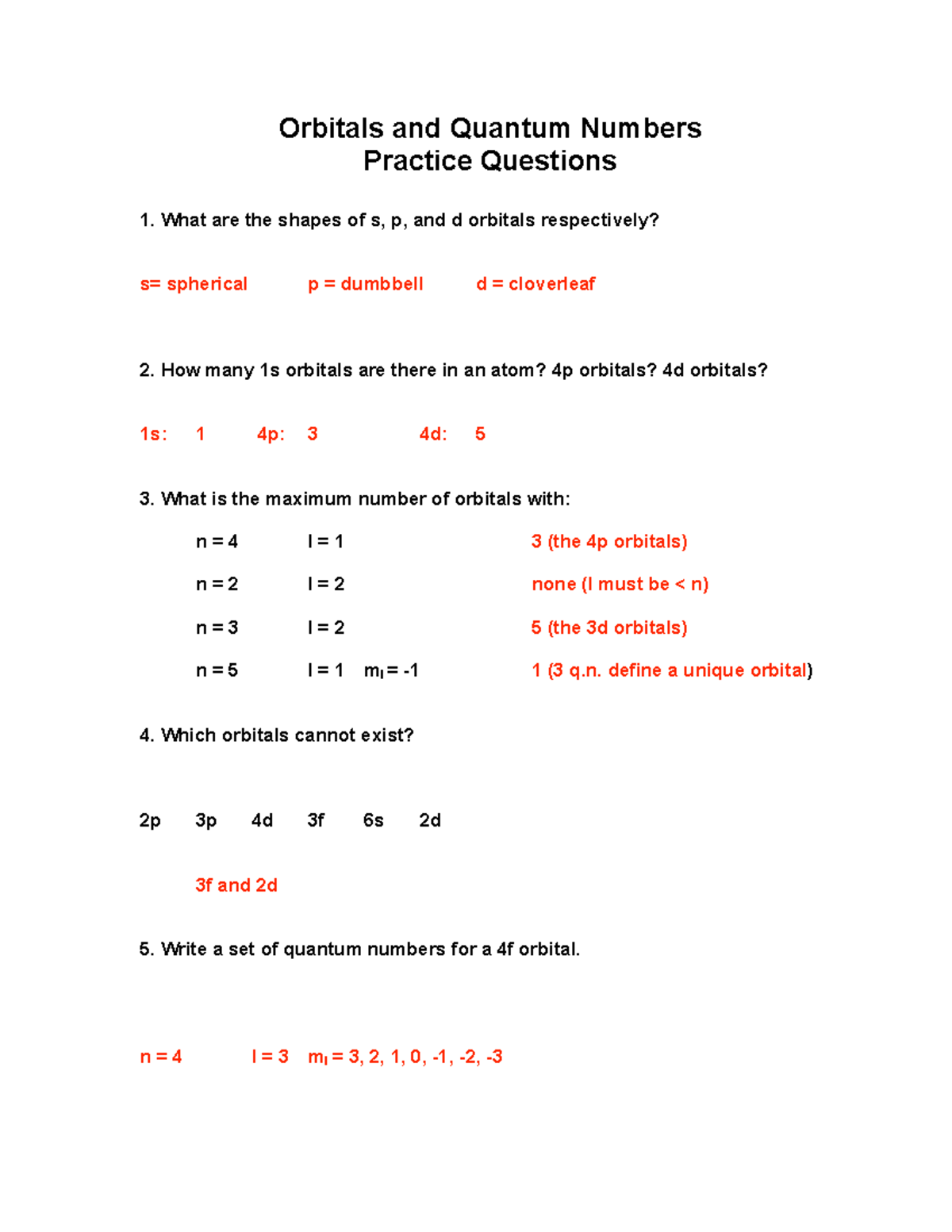 Chemistry 101: Orbitals and Quantum Numbers Practice Questions - Studocu