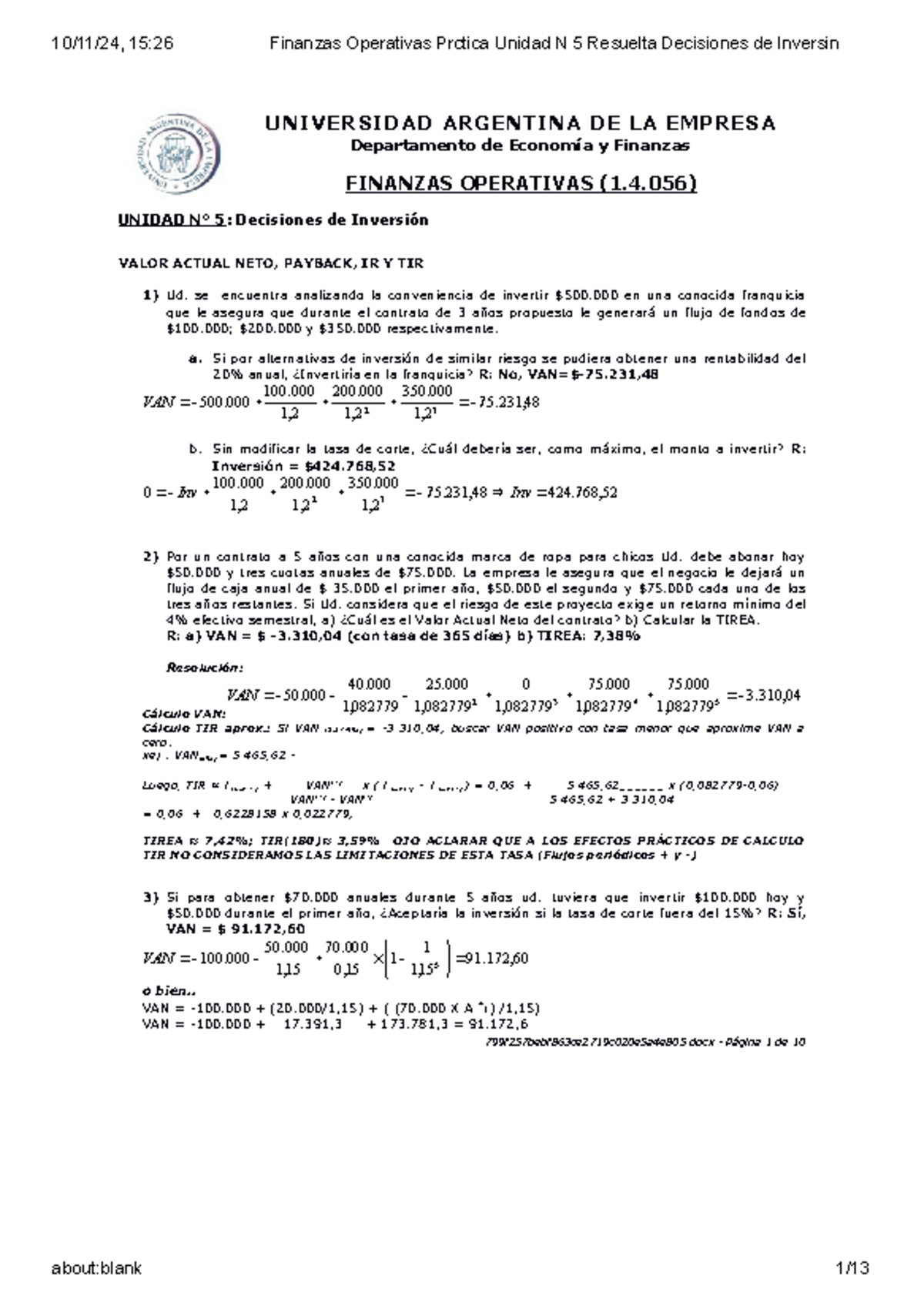 Finanzas Operativas - Práctica Resuelta Unidad 5: Decisiones de ...