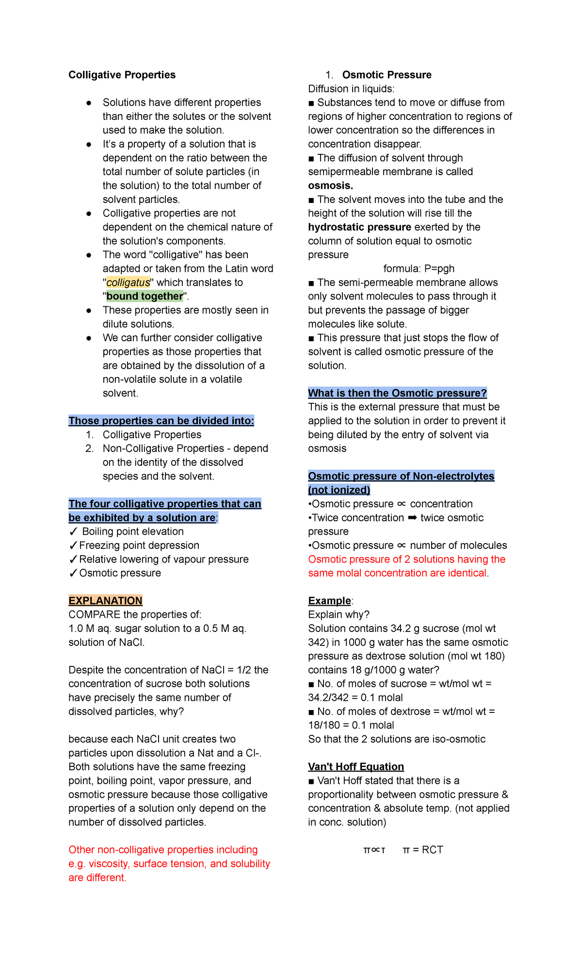 Colligative Properties Notes: Understanding Solutions and Their ...