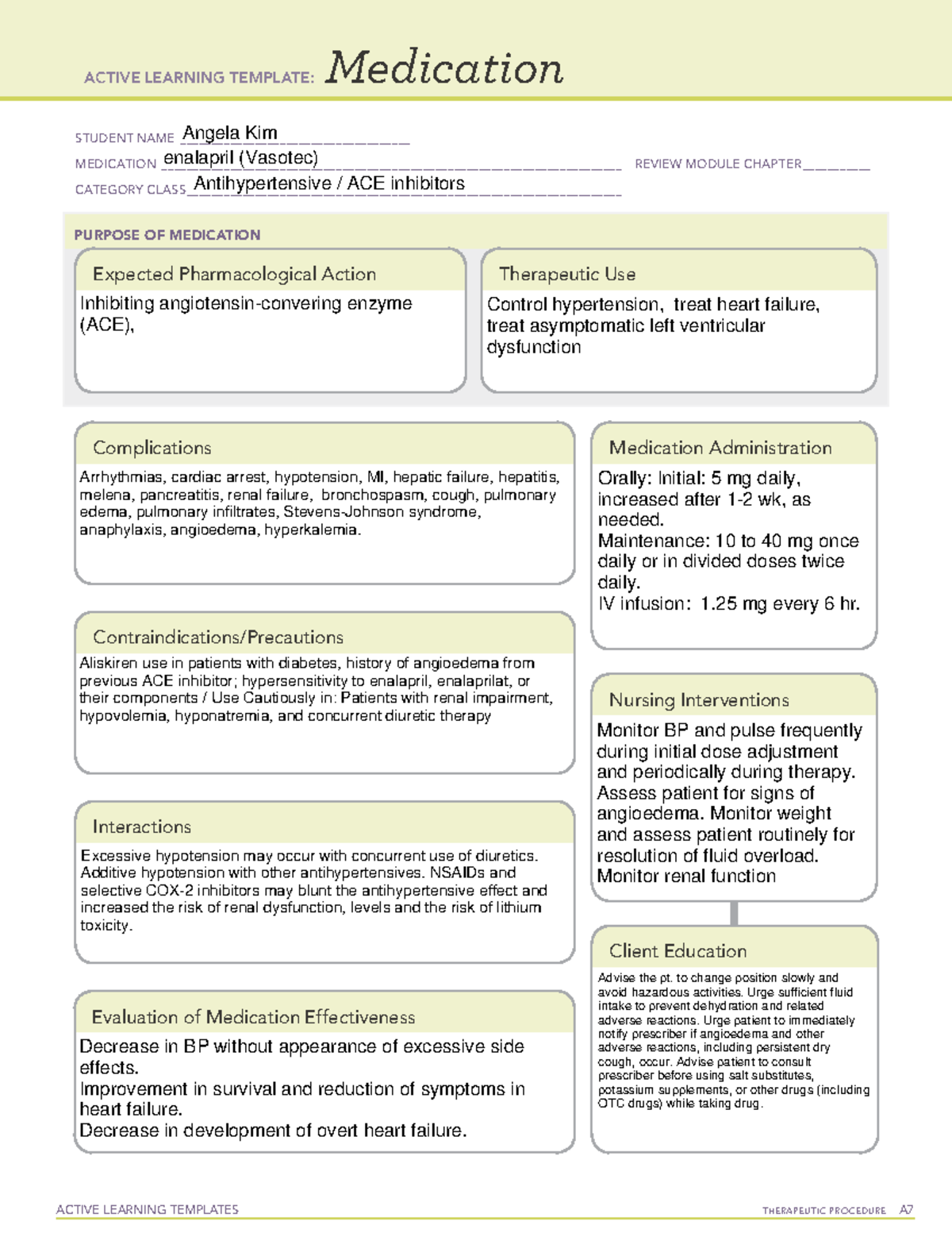 ATI Active Learning Template - Enalapril (Vasotec) Medication Notes ...