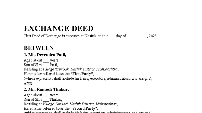 Exchange Deed for Property Exchange between Mr. Patil & Mr. Thakur ...