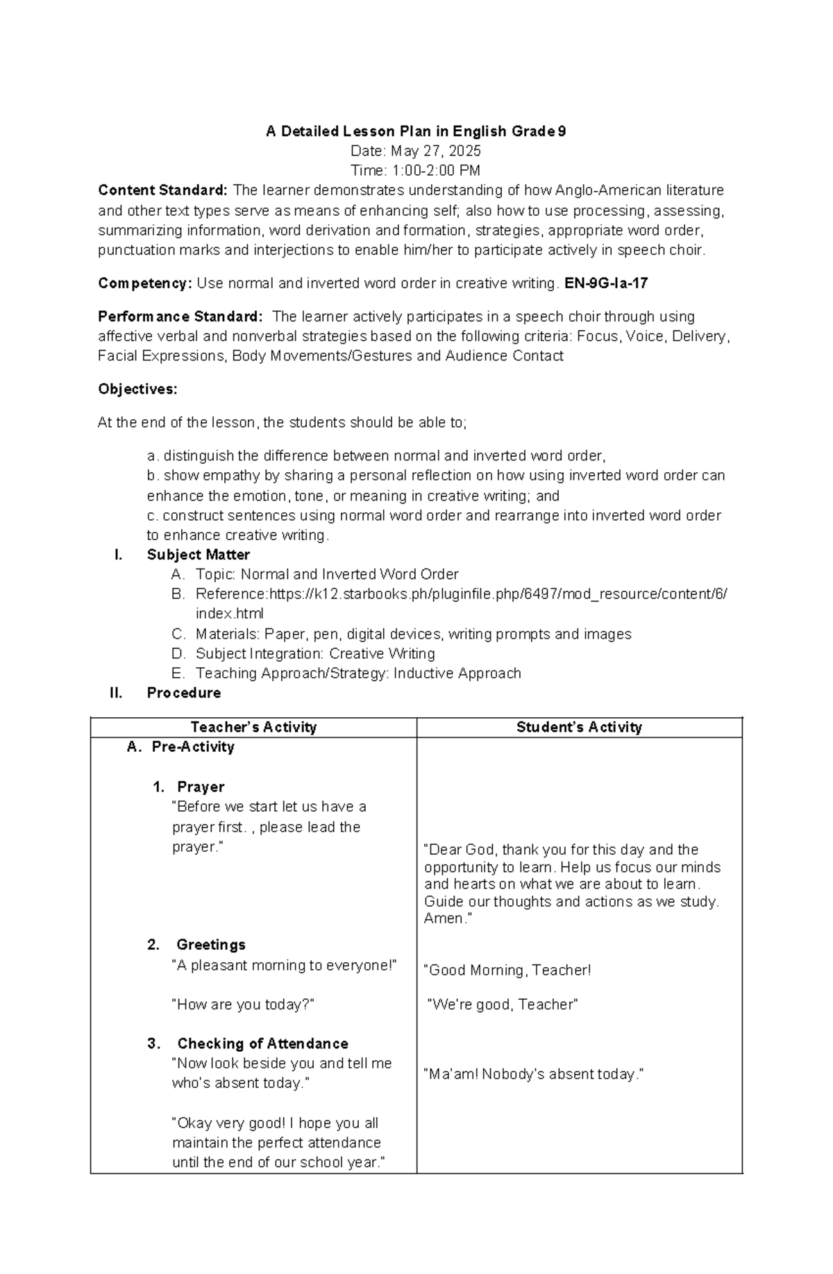 Detailed Lesson Plan: Normal & Inverted Word Order for English 9 - Studocu