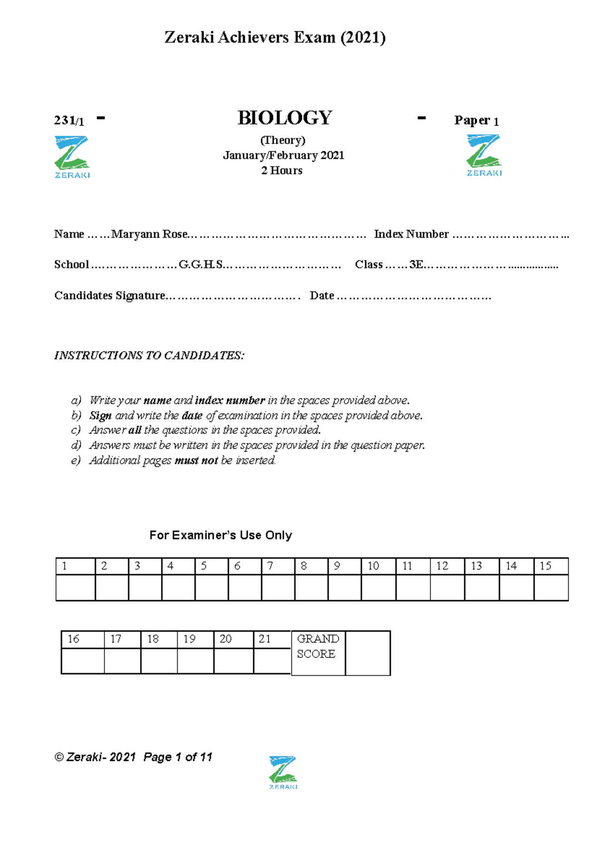 Biology Form 3 - Paper 1 Zeraki Achievers Exam January 2021 - Studocu