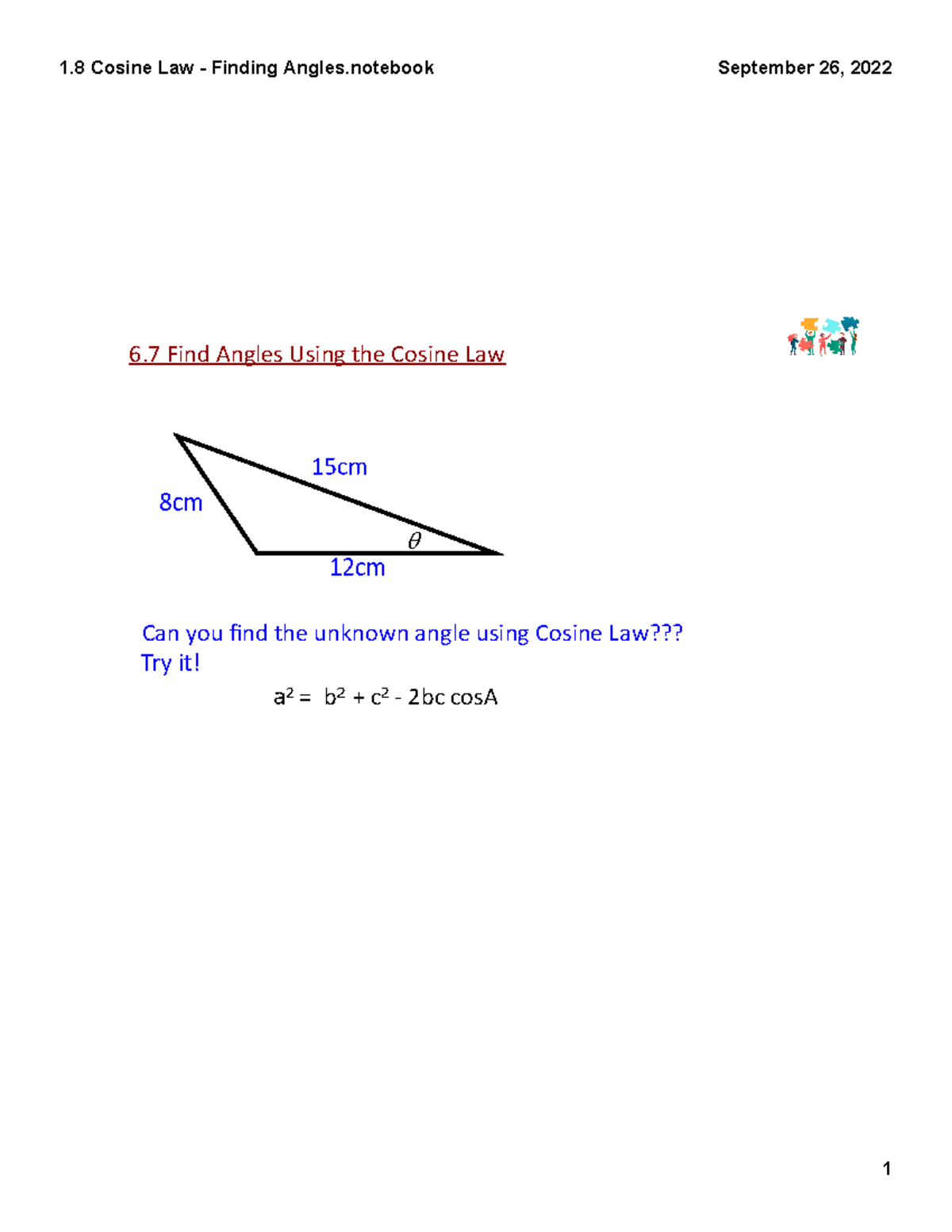 cosine law worksheet - MAT 136 - 6 Find Angles Using the Cosine Law Can ...