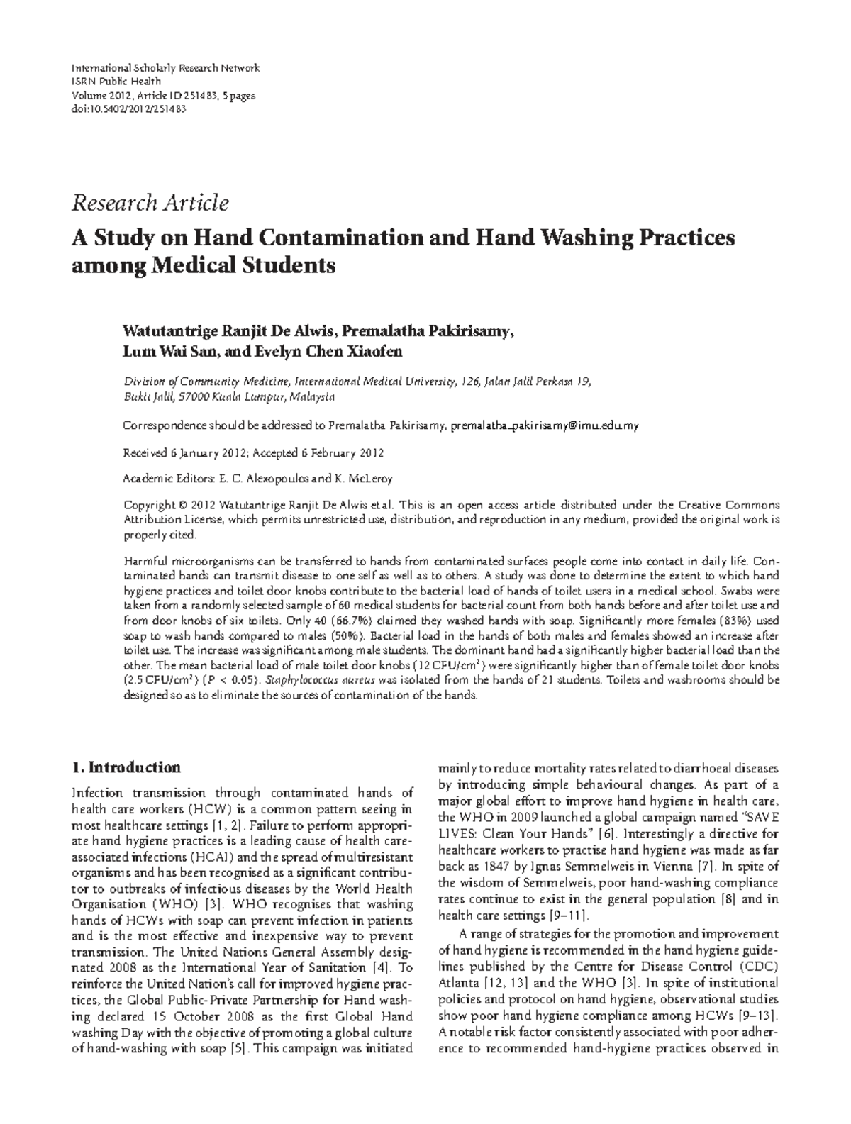 A Study on Hand Contamination & Hygiene Practices Among Medical ...