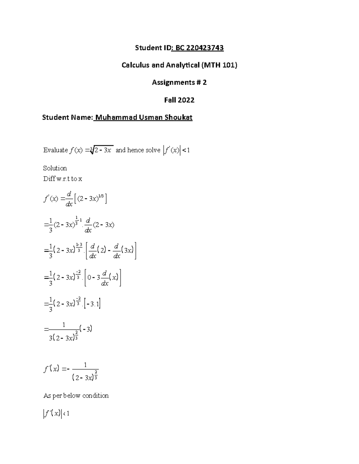 Assignment 2 Solutions for MTH 101: Calculus and Analysis - Studocu