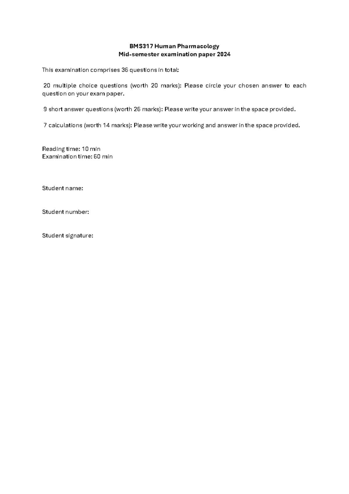 BMS317 Human Pharmacology Mid-Semester Exam Paper 2024 - Studocu