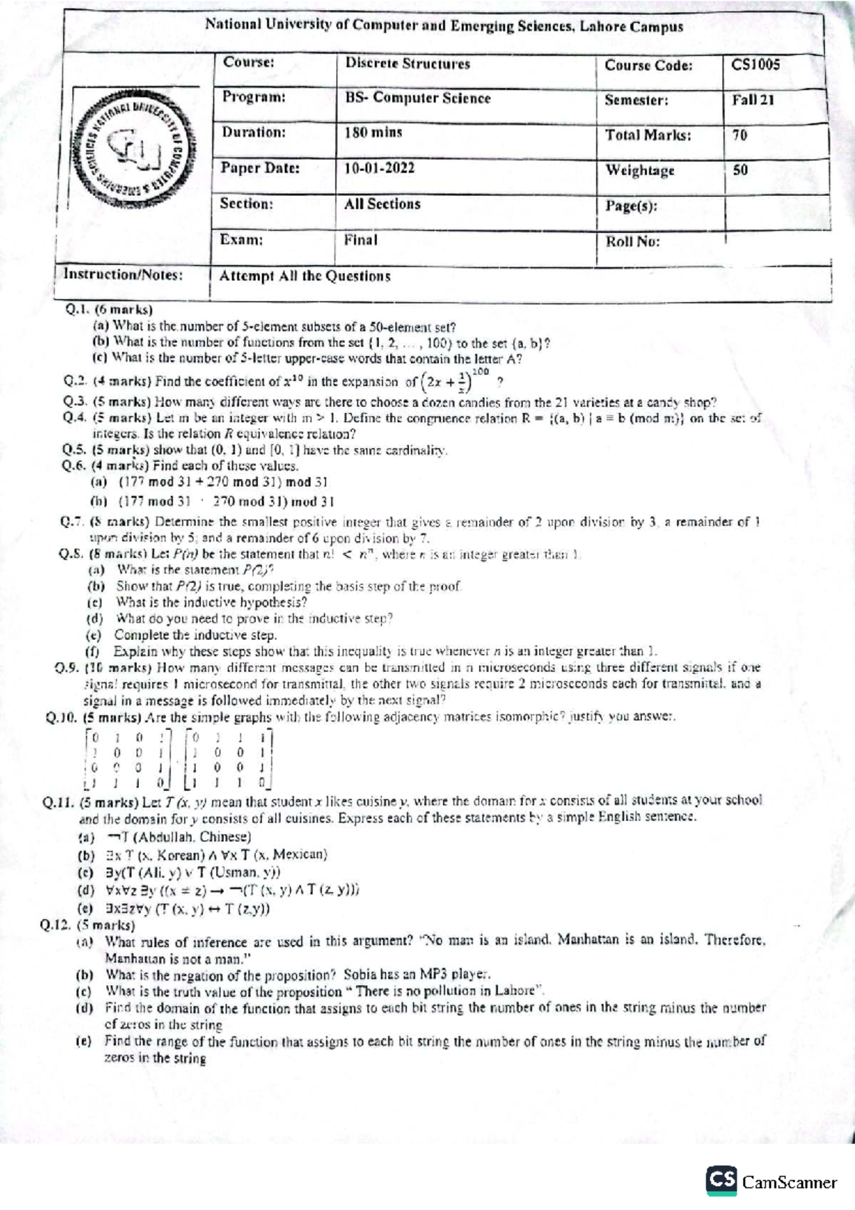 CS1005 - Final Exam - Discrete Structures - Fall 2021 - Past Paper ...