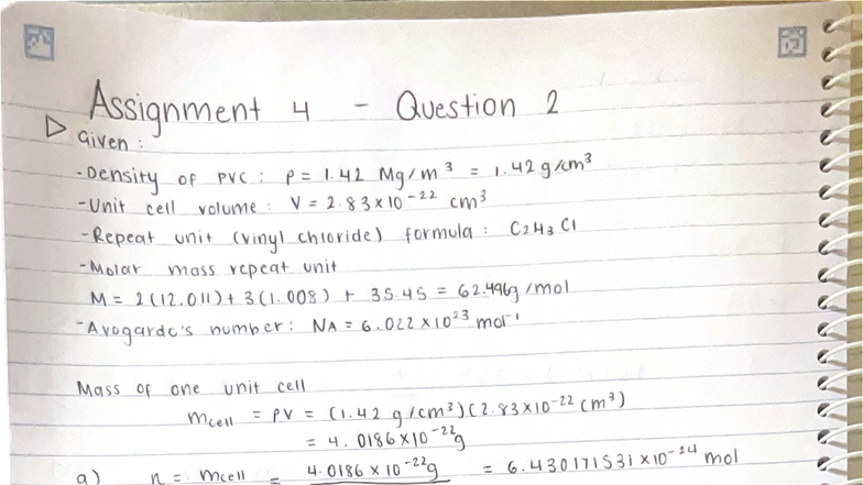 Assignment 4 - Q2: PVC Density and Unit Cell Calculations - Studocu