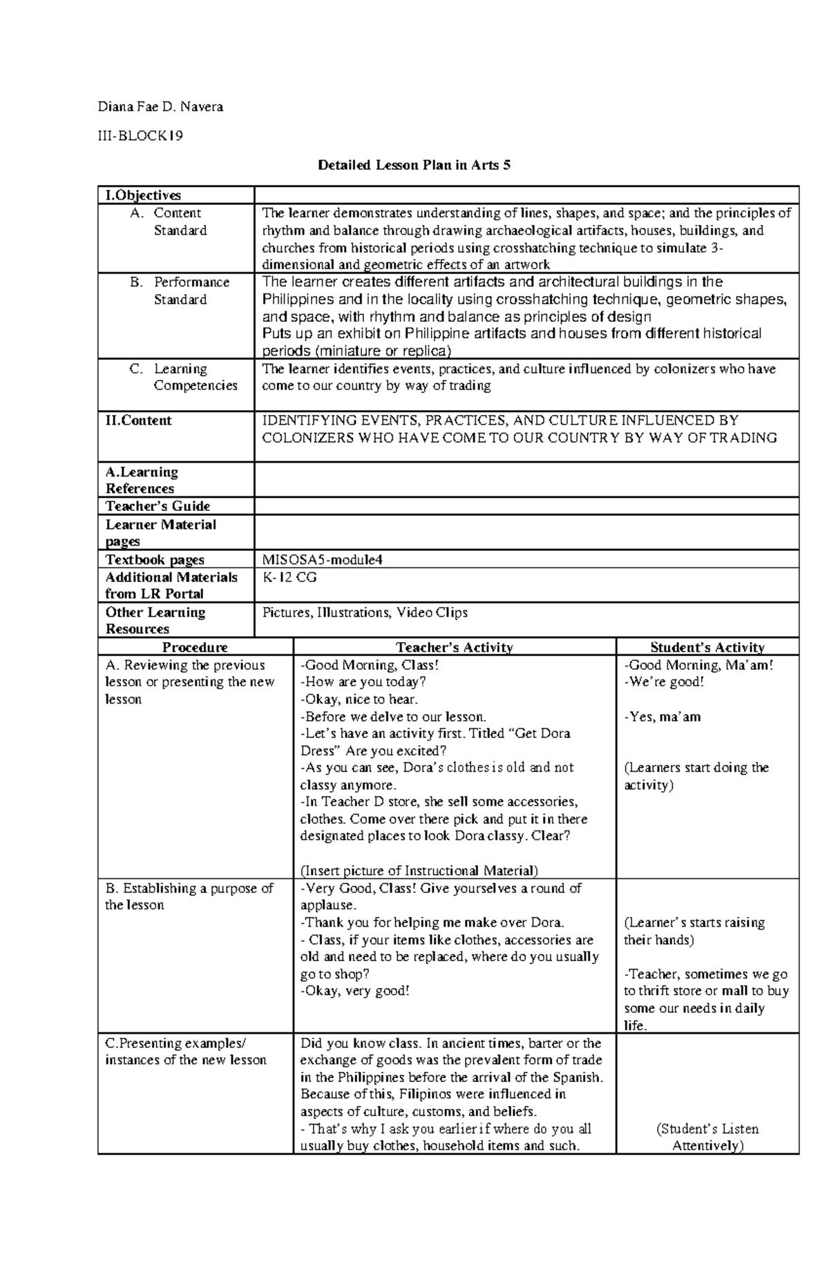 ARTS 5 Final Lesson Plan: Understanding Trade Influences in Art - Studocu