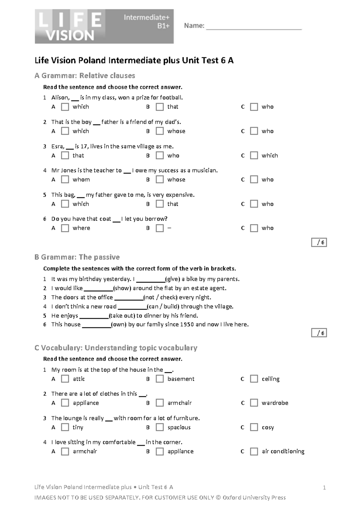 Life Vision Poland Intermediate Plus Unit Test 6A: Grammar & Vocabulary ...