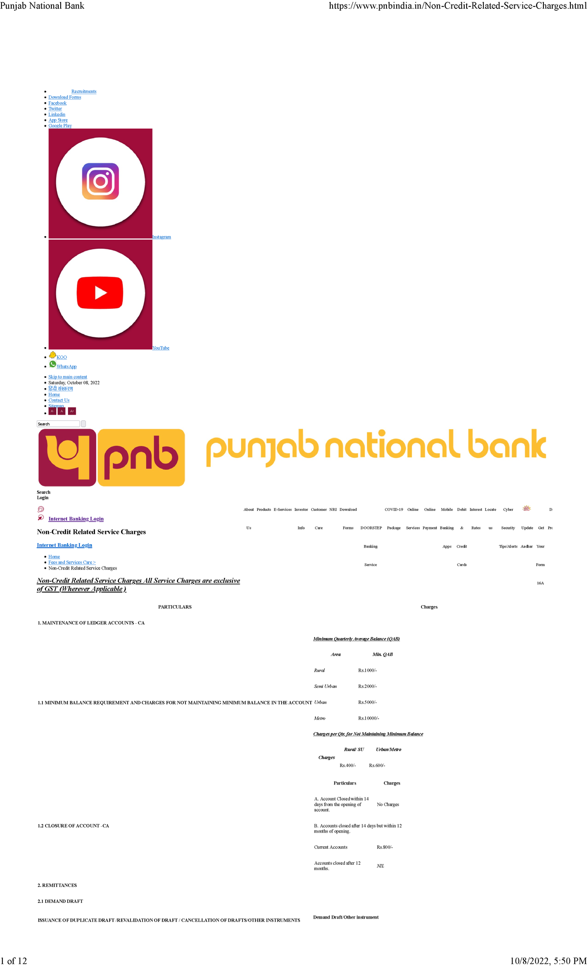 PNB Non-Credit Related Charges Overview and Fee Structure - Studocu