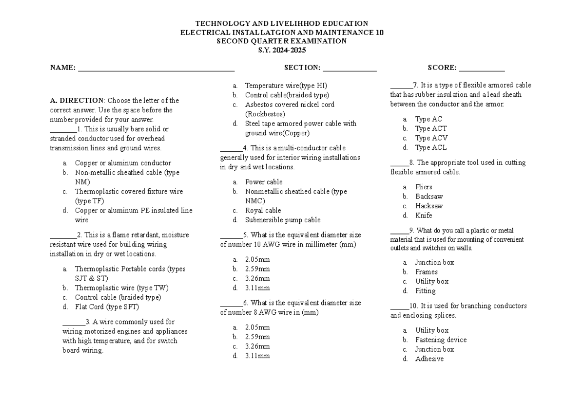 TLE EIM 2nd Quarter Exam: Electrical Installation & Maintenance - Studocu