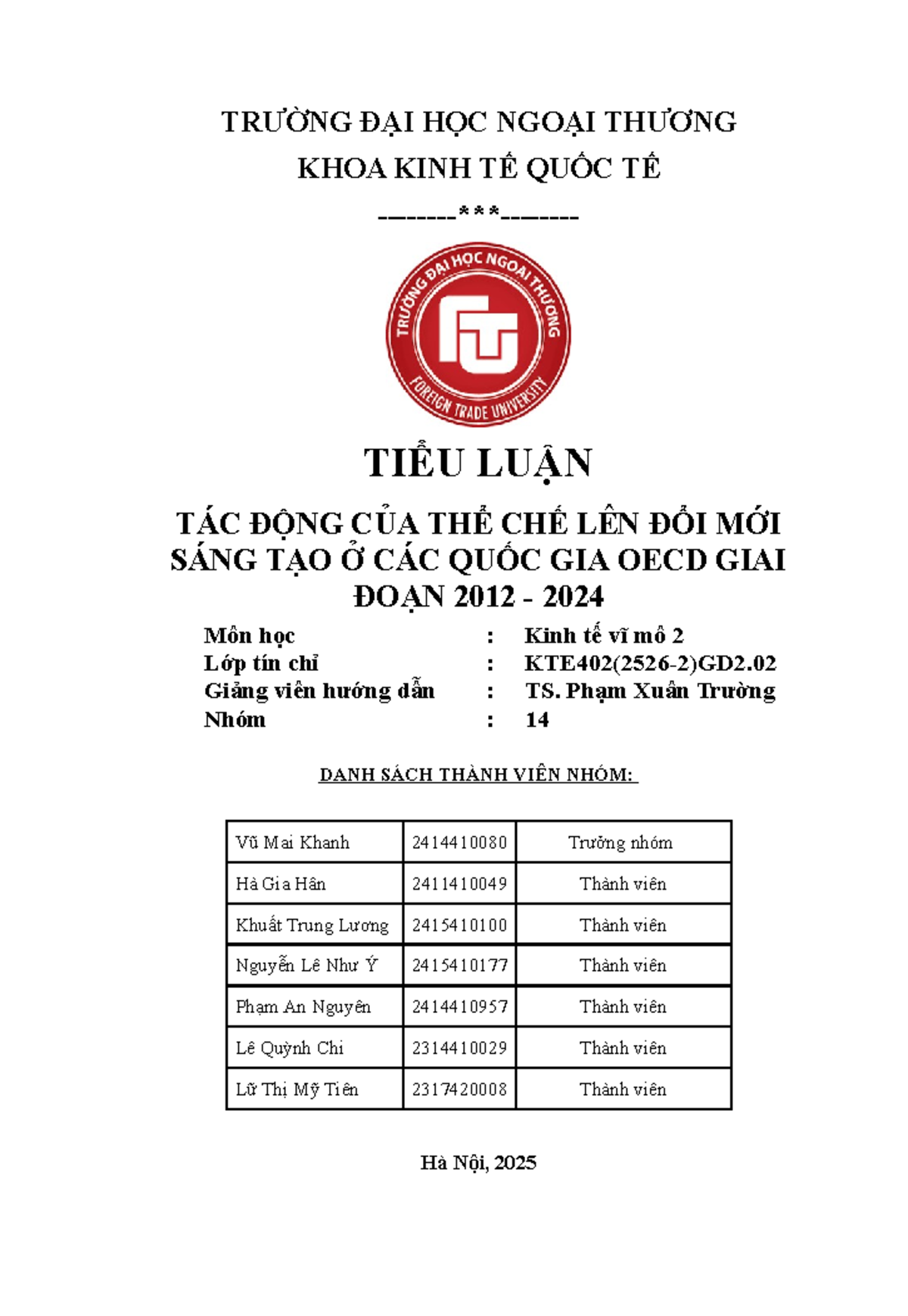 TIỂU LUẬN KTVM 2: TÁC ĐỘNG CỦA THỂ CHẾ ĐẾN ĐỔI MỚI SÁNG TẠO Ở CÁC QUỐC ...