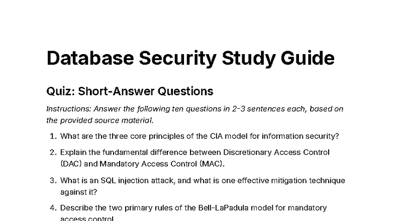 Database Security Study Guide: Key Concepts & Quiz Preparation - Studocu