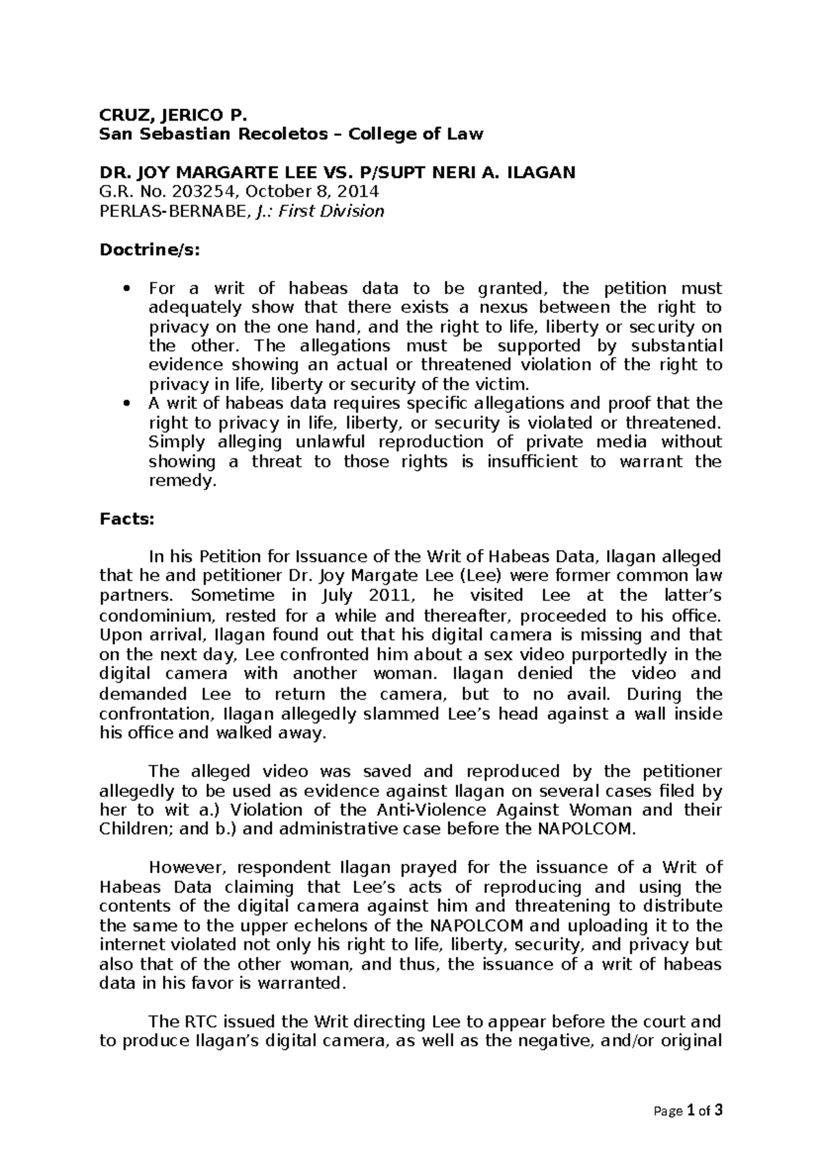 CRUZ, JERICO P. Case Study: Dr. Joy Margarte Lee vs. Neri A. Ilagan G.R ...
