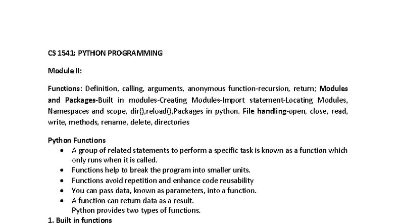 CS 1541: Python Programming Module II - Functions, File Operations ...