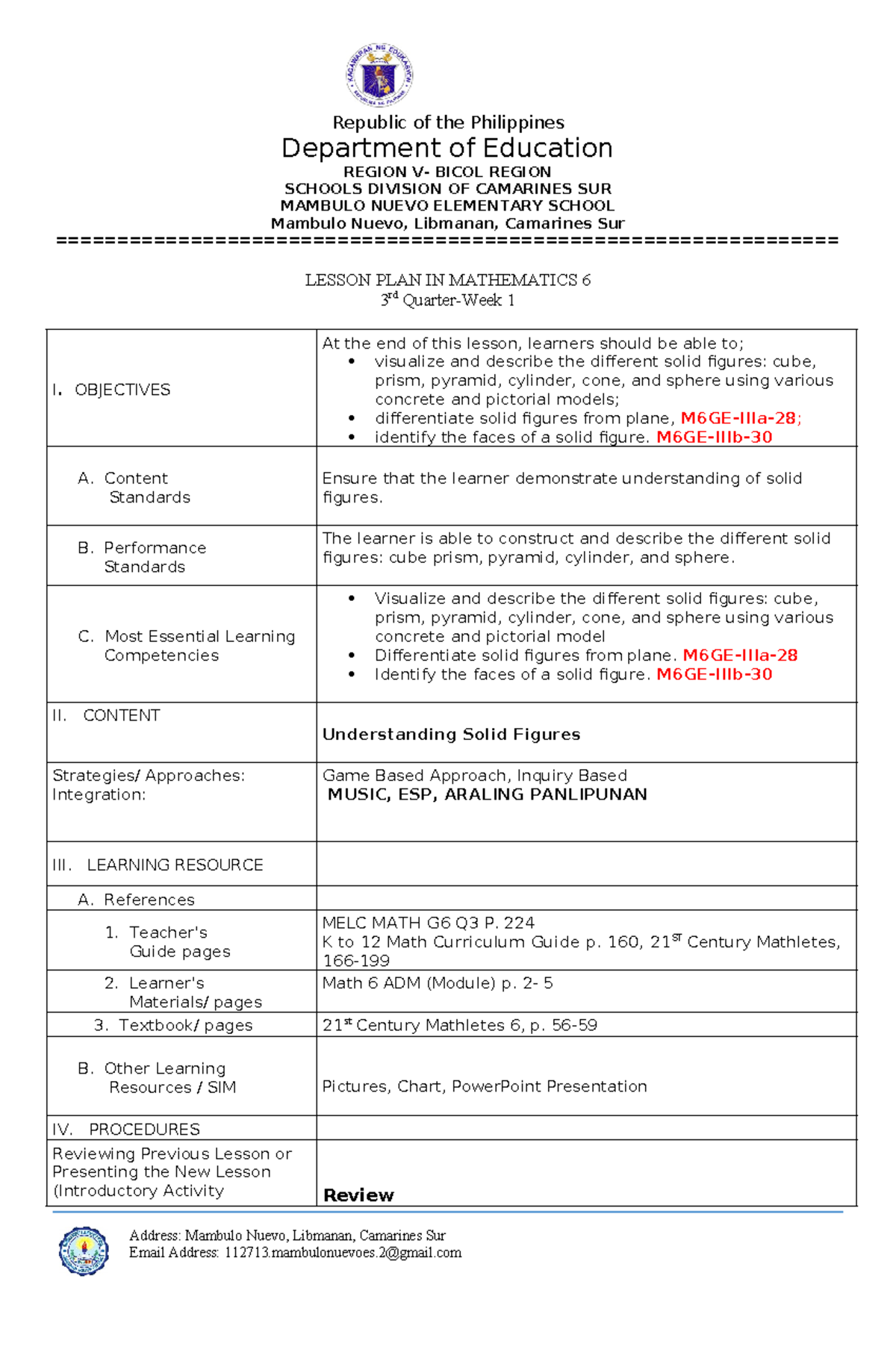 Lesson Plan for Mathematics 6: Understanding Solid Figures (COT 1 ...