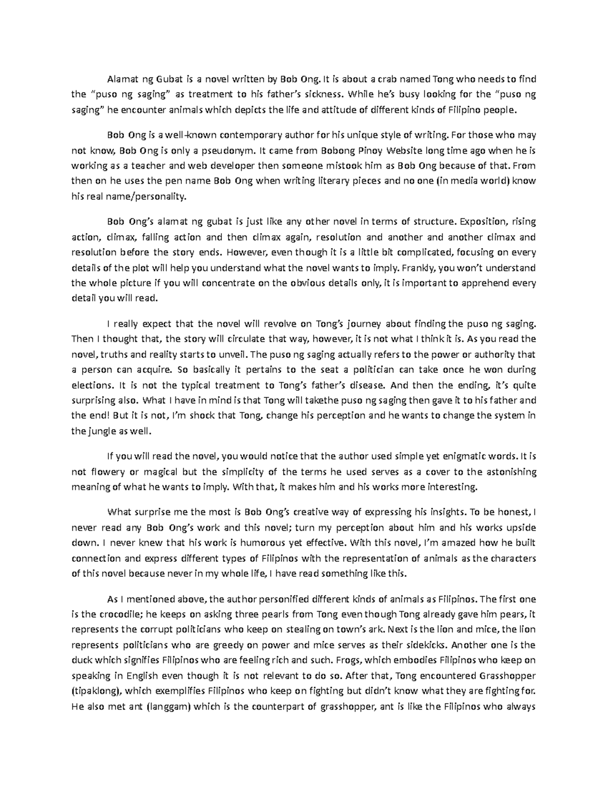 Bob Ong - Book Review: Alamat ng Gubat Analysis and Insights - Studocu