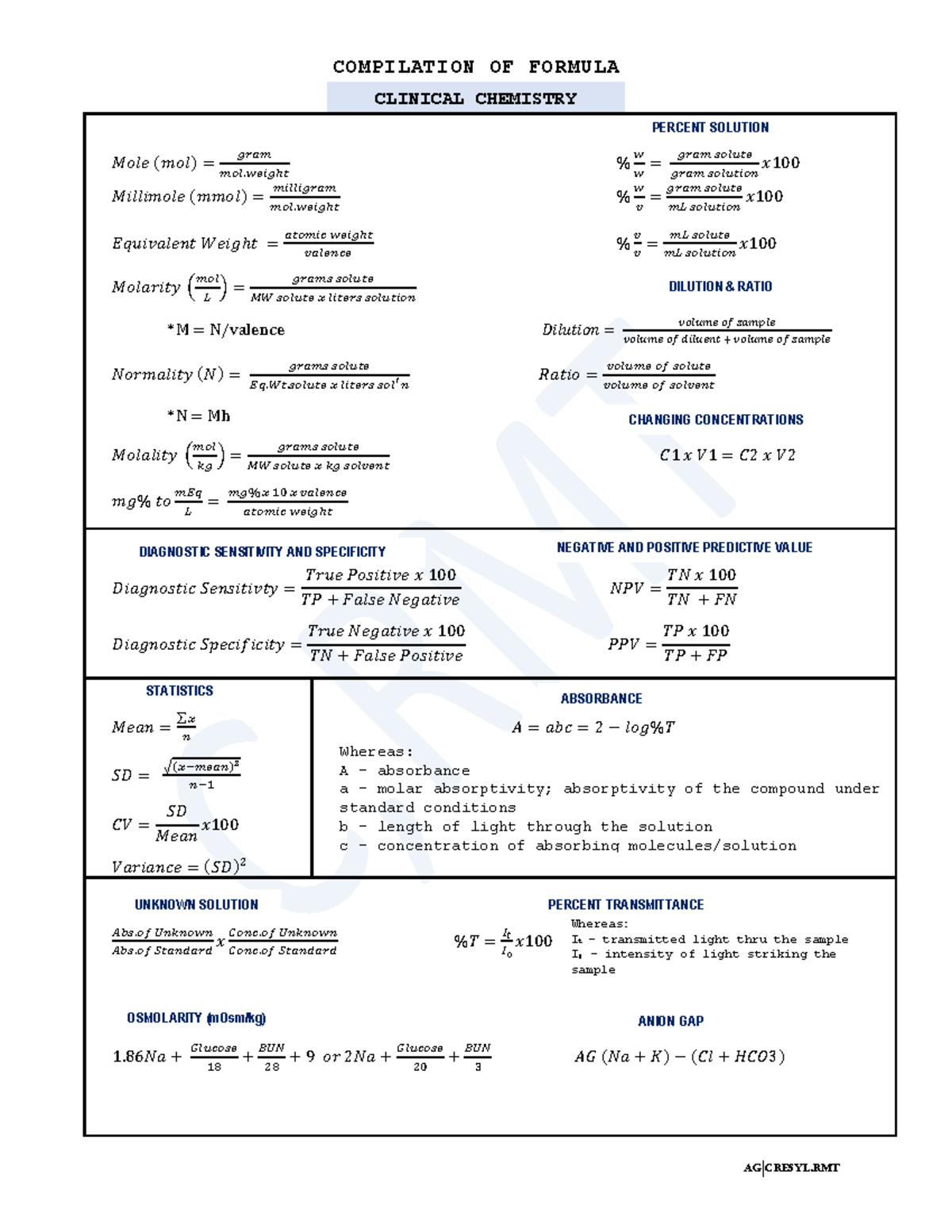 COMPILATION OF FORMULAS IN CLINICAL CHEMISTRY (CC 101) - Studocu
