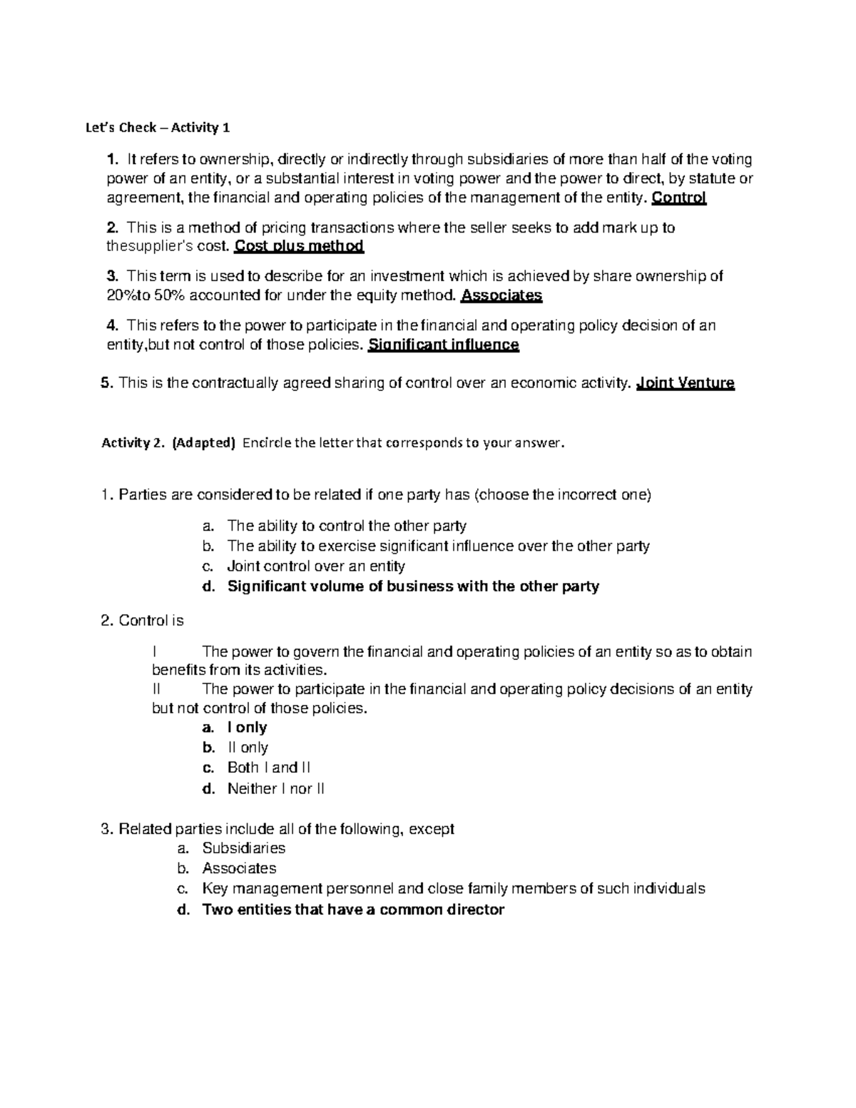 Related party Answer key - Let’s Check – Activity 1 1. It refers to ...