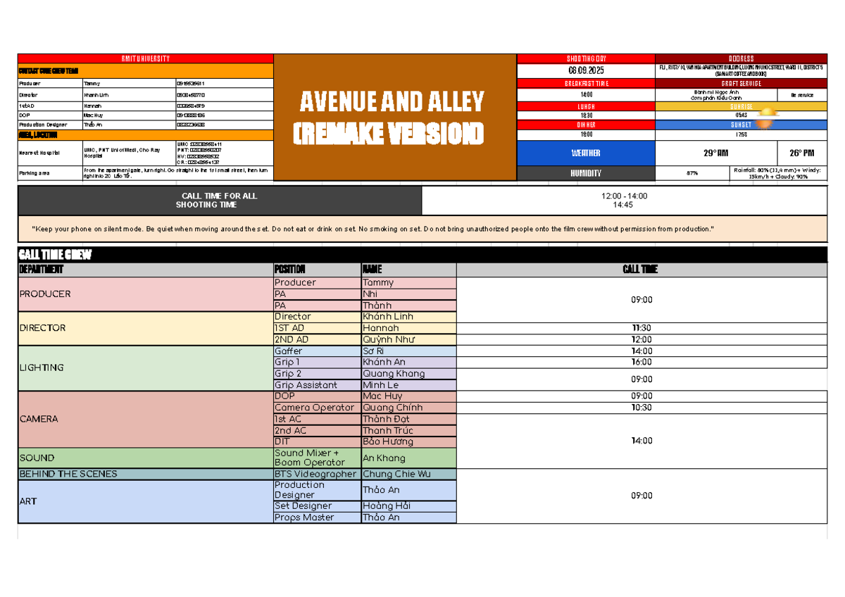 RMIT UNIVERSITY Call Sheet for Shooting Day 08.09.2025 - Studocu