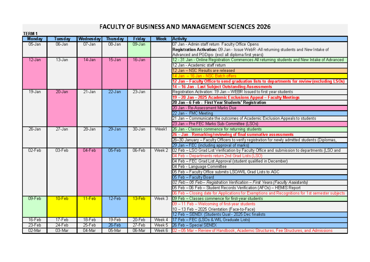 FBMS 2026 Faculty Planner: Term 1 & Term 2 Schedule - Studocu