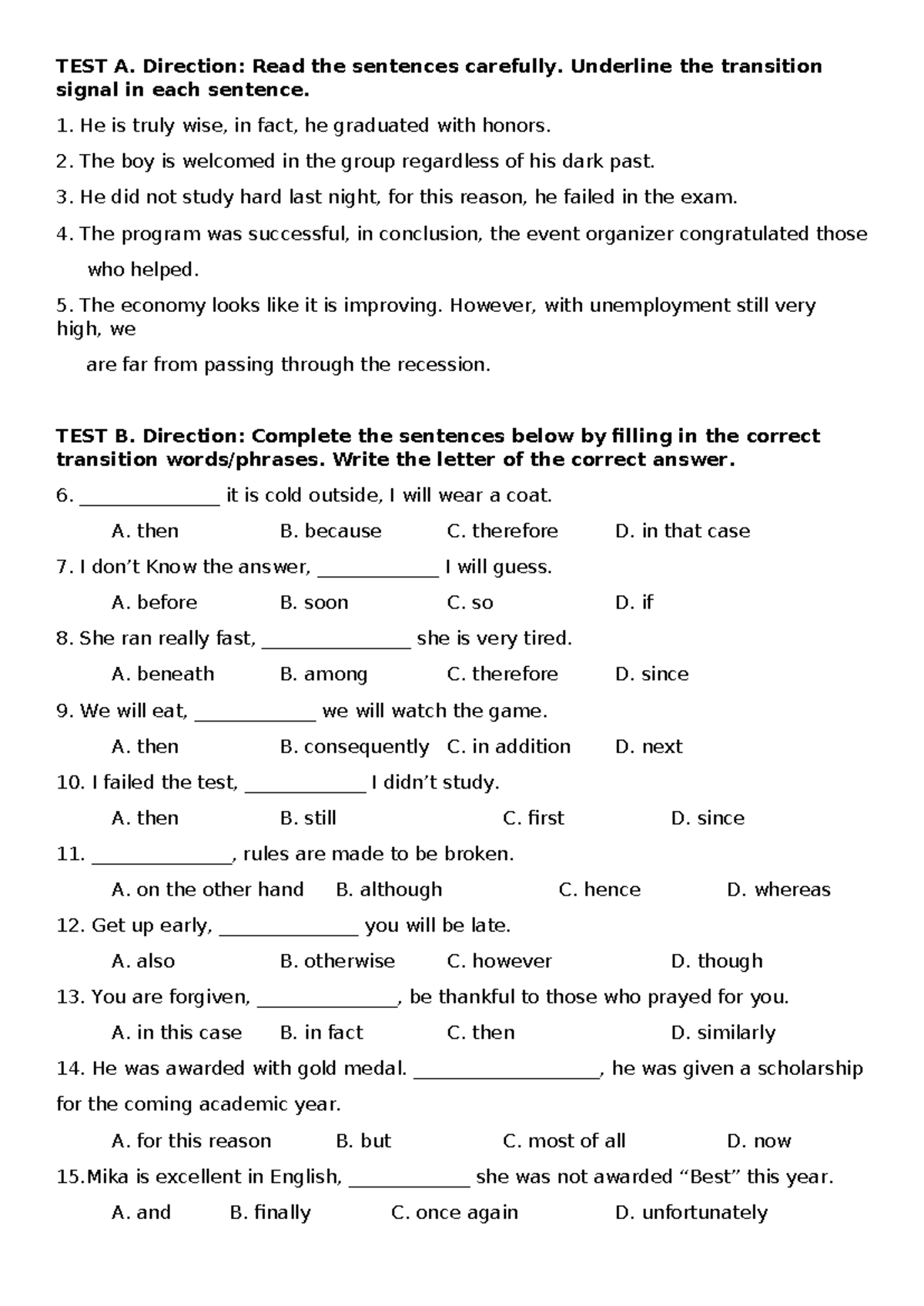 Transition Signal Notes - TEST A & B - Studocu