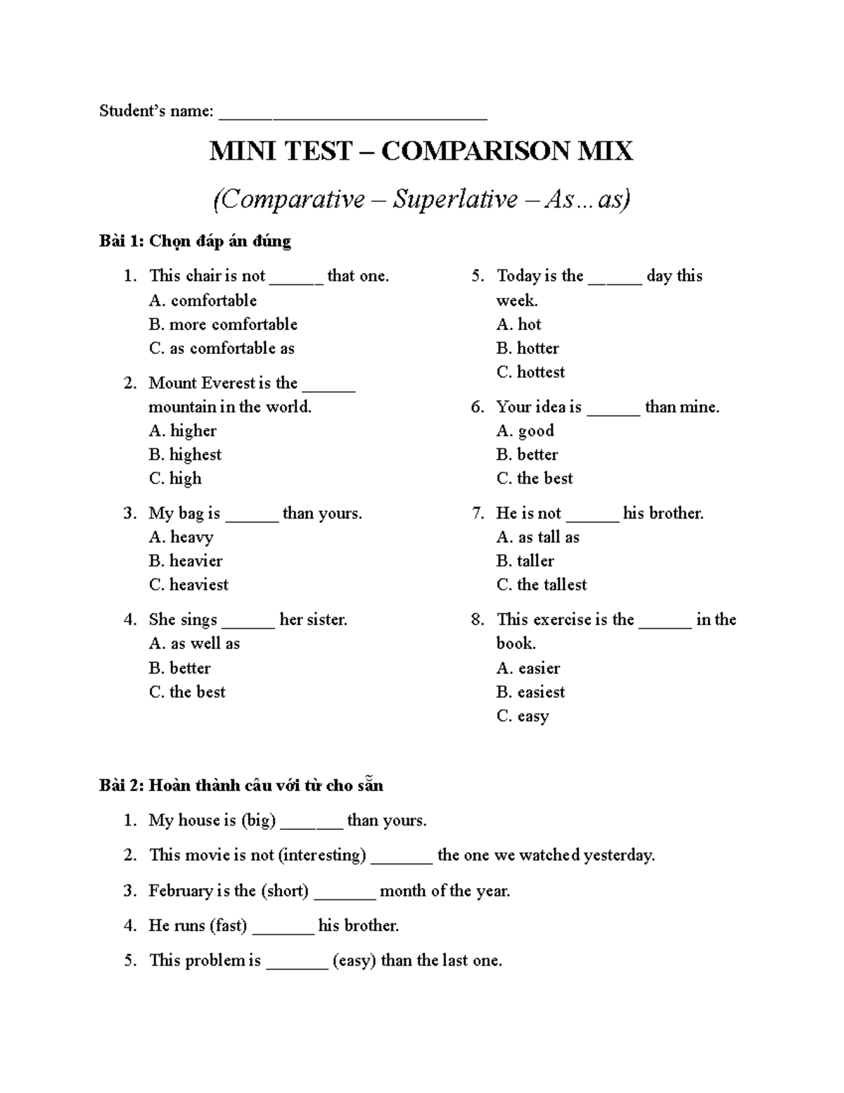 MINI TEST: So Sánh (Comparative & Superlative) - Bài 1 & 2 - Studocu
